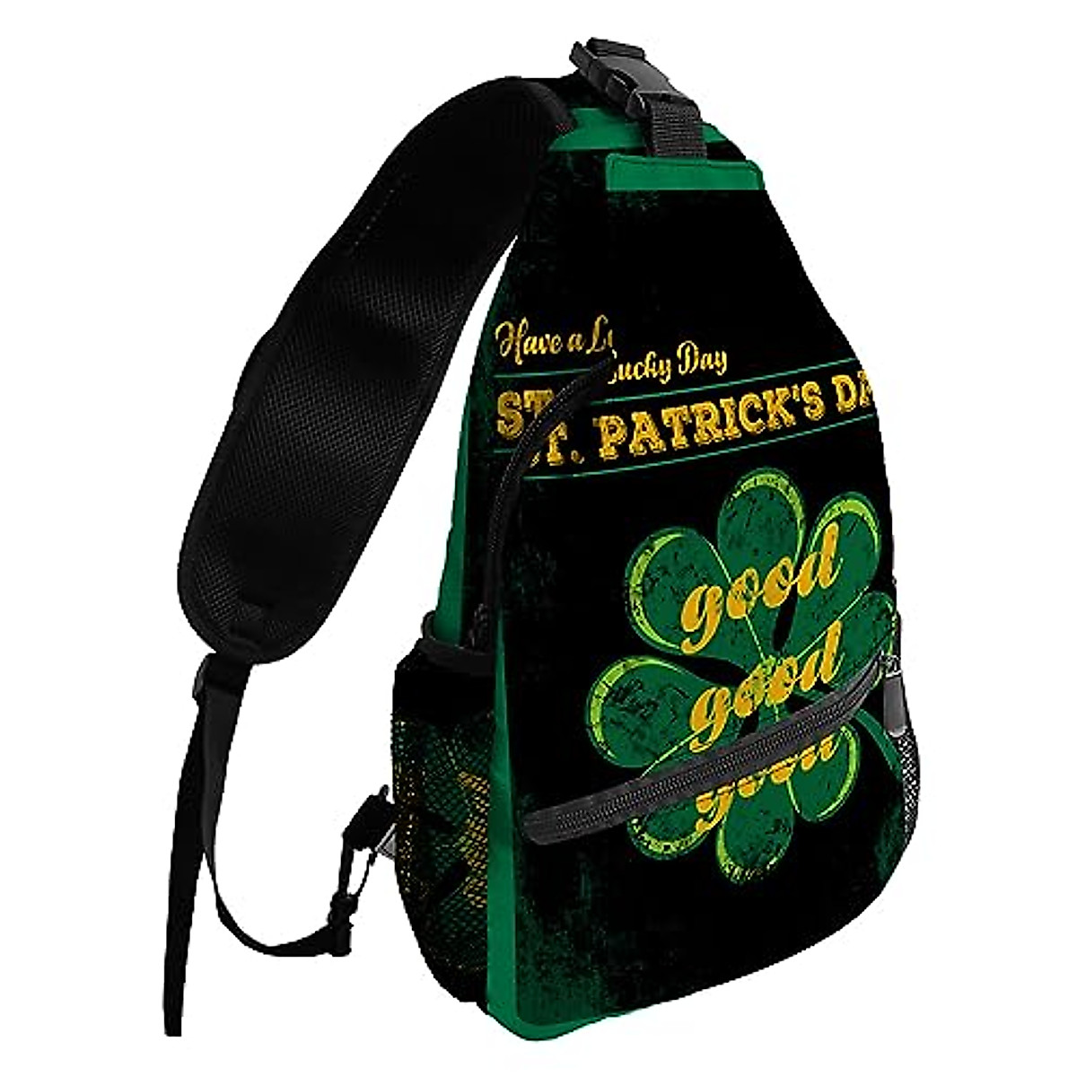 Sling Backpack, Saint Patrick's Day Shamrocks and Love Hearts Vintage Green Background Waterproof Lightweight Small Sling Bag, Travel Chest Bag Crossbody Shoulder Bag Hiking Daypack for Women Men