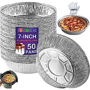 50 Pack 7-Inch Round Aluminum Foil Pans, Disposable Tin Cake Pie Pans, Foil Liners for Air Fryer, Food Containers for Storage, Baking, Roasting, Meal Prep, Reheating