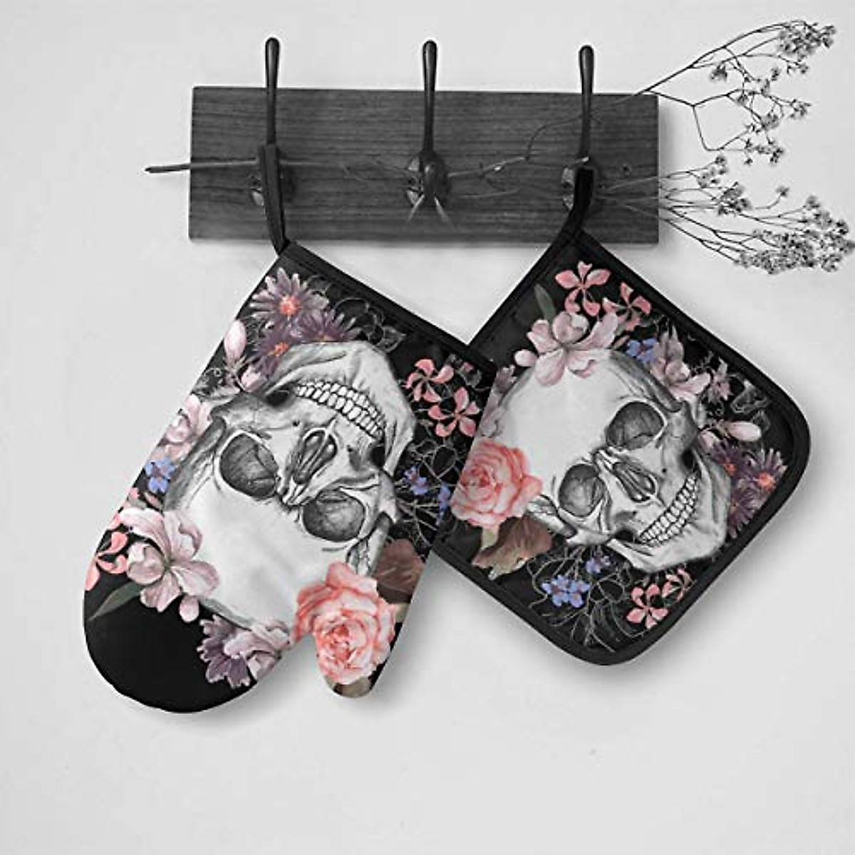 MSGUIDE Skull and Flowers Day of The Dead Oven Mitts -Heat Resistant 500 Degrees-Non Slip Kitchen Pot Holders Sets - Cooking Safe Gloves Soft Inner Lining