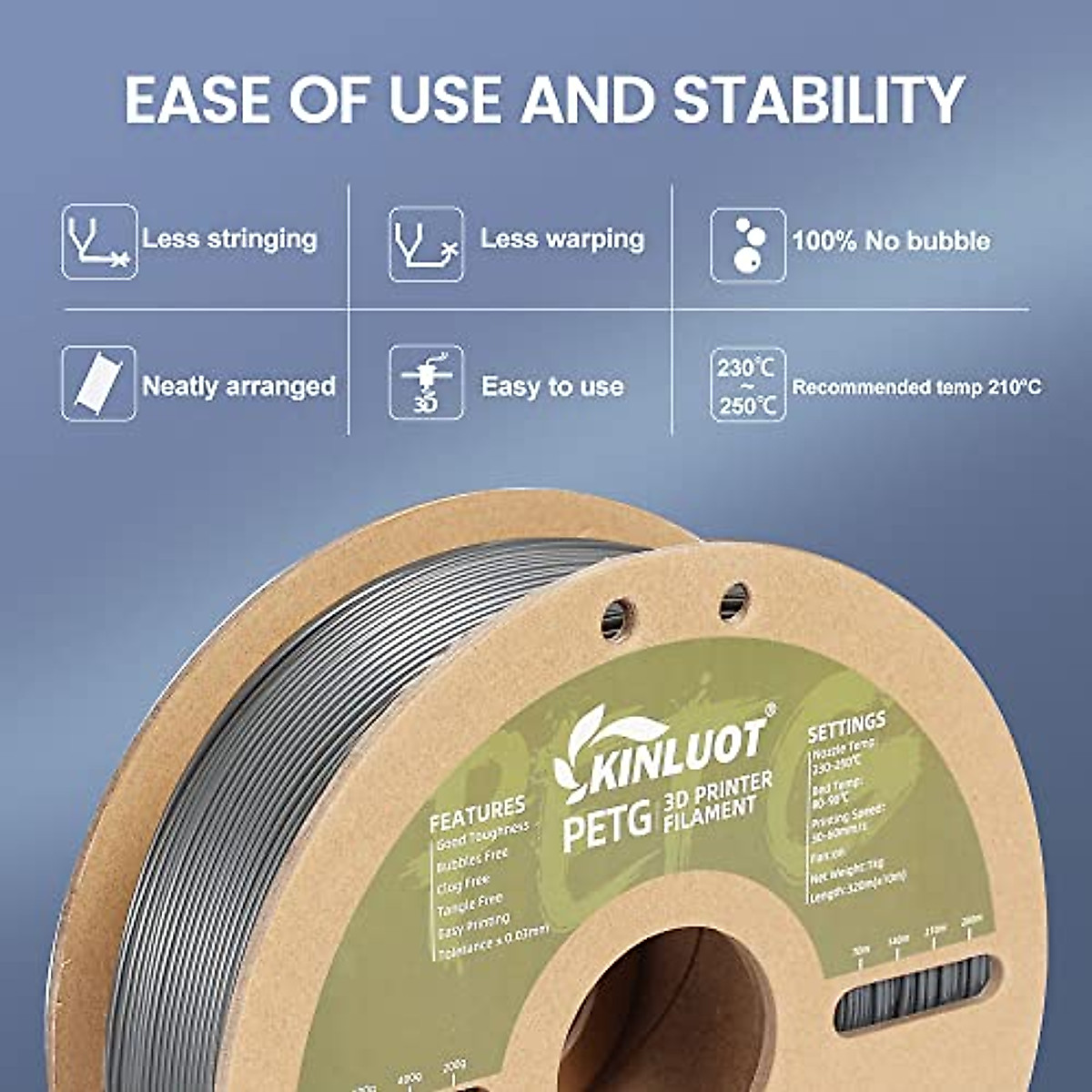 KINLUOT PETG Filament 1.75mm 3D Printer Filament Grey PETG, Easy to Print, Dimensional Accuracy +/- 0.03 mm, 1kg Cardboard Spool (2.2lbs), Fit Most FDM Printer (Gray)