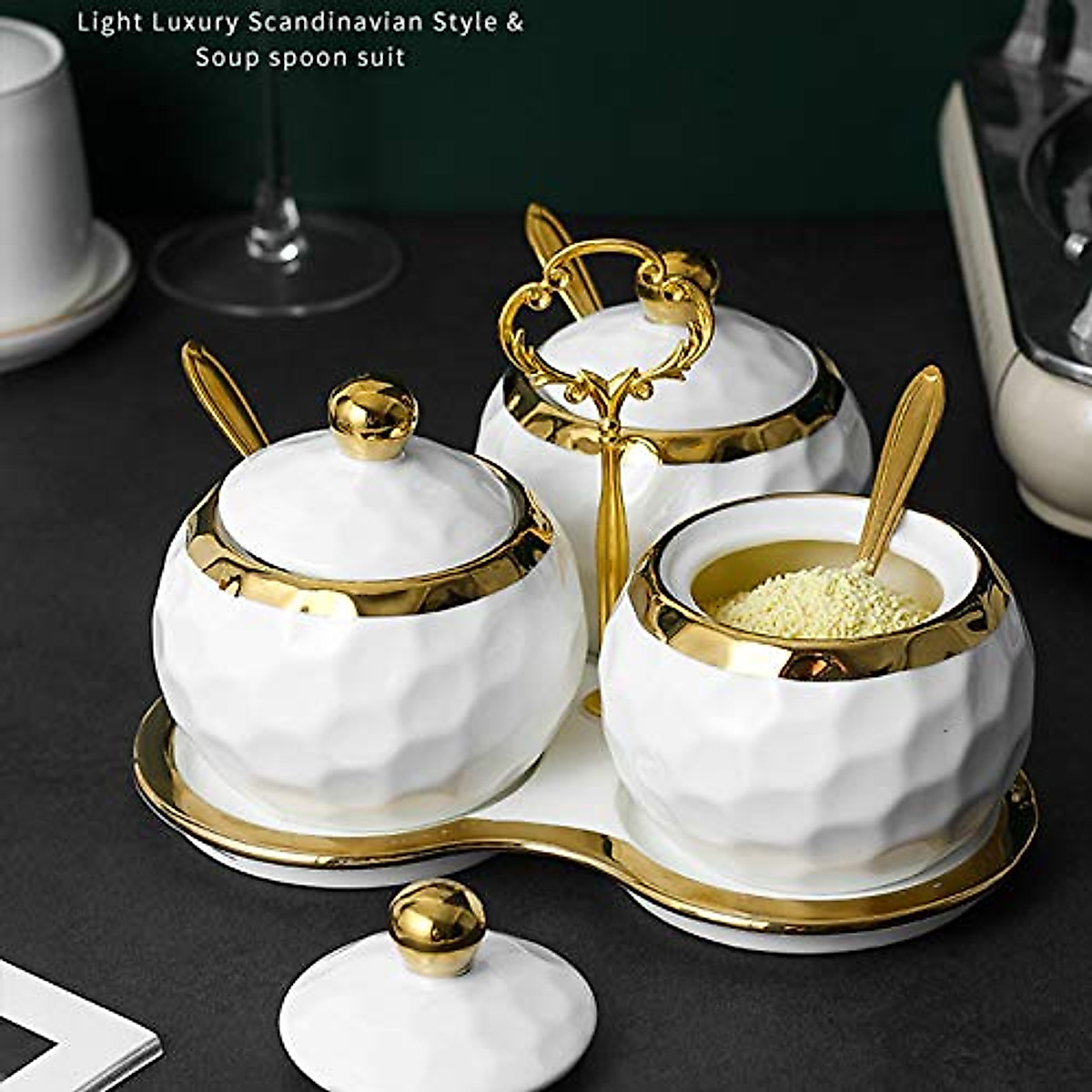 BIHOIB Golf Porcelain Sugar Bowl Condiment Pot Salt Container with Lid, Spoon and Tray, Set of 3, Modern Spice Box Seasoning Jar, White and Gold