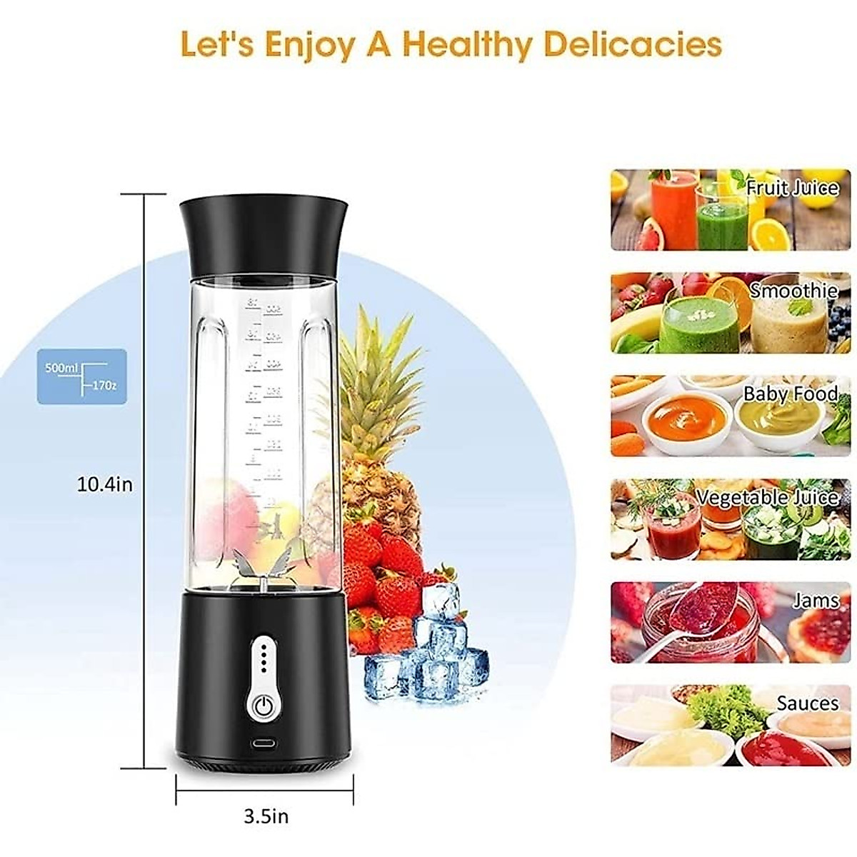 SRLIWHITE Portable Blender, Rechargeable Blender With 500Ml Bottle, Waterproof Blender For Milkshakes And Smoothies Small Juicer (Color : Black)