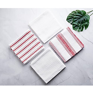 6 Pack Red Cotton Dish Towels for Kitchen - Ticking Stripe Dish Towels - Kitchen Hand Towels - Farmhouse Dish Towels - Red Kitchen Towels Linen - Soft, Highly Absorbent, Hanging Loop, 18”x 28”