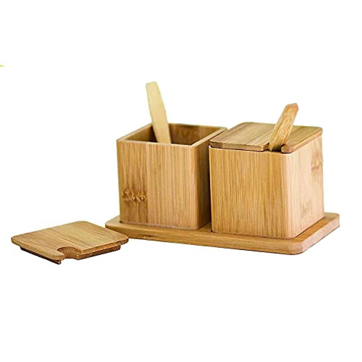 Bamboo Salt and Spice Container Set with Lid, Tray and Spoon, Square Seasoning Storage Box with Dipper, Salt Holder Pepper Container Condiment Canister for Kitchen | Salt Pepper Container