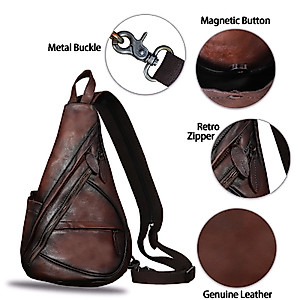 Genuine Leather Sling Bag Casual Shoulder Hiking Backpack Vintage Handmade Crossbody Bag Retro Chest Daypack Convertible Backpack (LightCoffee)