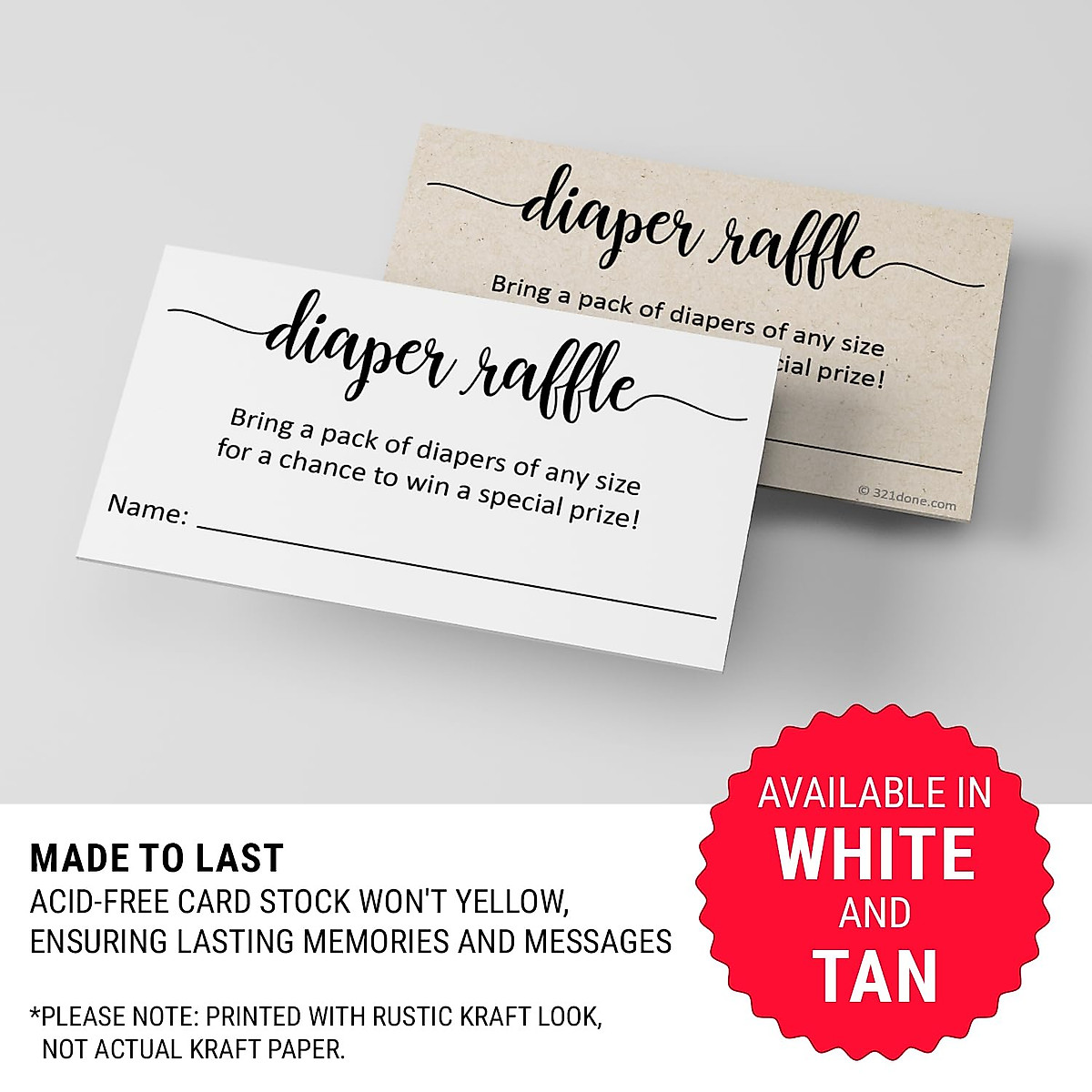 321Done Diaper Raffle Tickets, Made in USA - 3.5x2 Kraft Tan, With Name Line, Baby Shower Game, Enter to Win Drawing, Prize, Small - Pack of 50