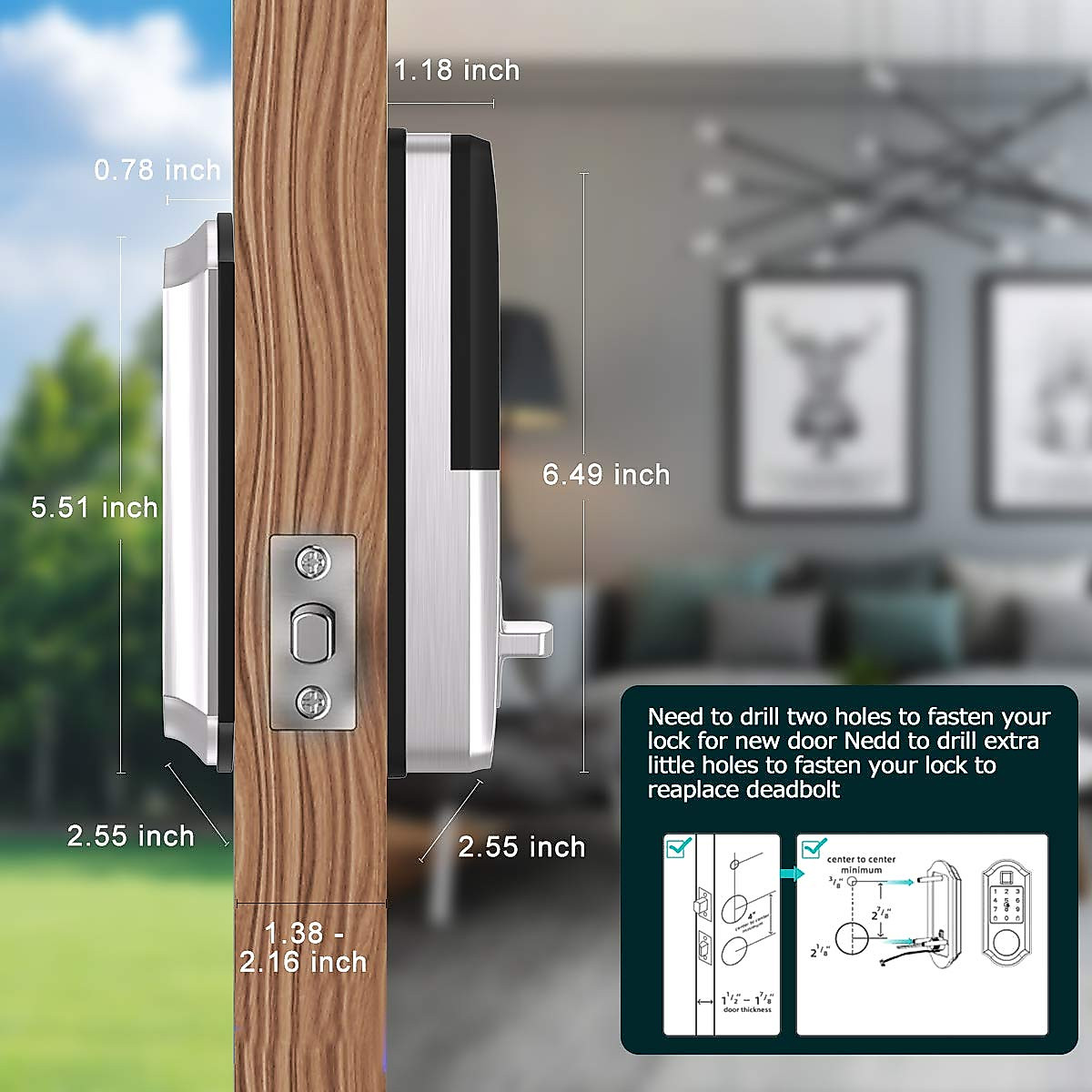 Narpult Fingerprint Smart Lock, Keyless Entry Door Lock, Electronic Deadbolt Door Lock, Bluetooth Keypad Digital Lock - App Control, Biometric, Fobs, Passcodes and Keys. - Satin Nickel