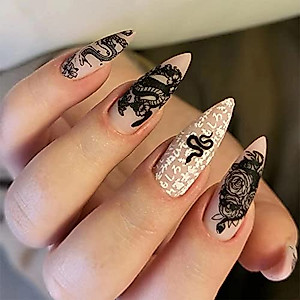 IMSOHOT Matte Long Press on Nails Almond Stiletto Snake Fake Nails Full Cover Black False Nails with Designs White Glue on Nails Acrylic Nails for Women