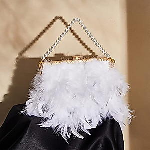 Amylove Evening Purse with Pearl Gold Chain Faux Fur Purse Fake Feather Clutch Fluffy Purse Women's Evening Handbags (White)