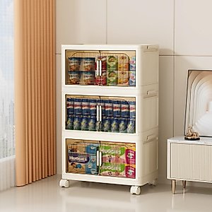 Todetana Multiple Tier Stackable Storage Bins with Lids and Wheels, Stackable Collapsible Dorm Room Organizer Storage Boxes (Milky White, 30Qt 3-Tier)