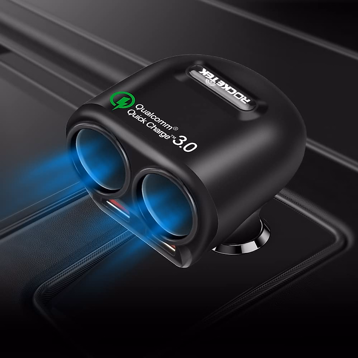 Rocketek Dual USB Quick Charge 3.0 Car Charger Adapter with Build-in 2 Way Car Splitter Adapter, 90W 12V/24V DC Outlet 2-Socket Car Cigarette Lighter for iPhone/ipad/Android Cell Phone, GPS, Car DVD