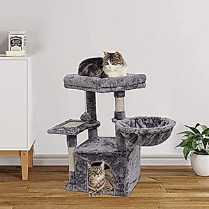 SYANDLVY Cat Tree for Indoor Cats, Activity Tower with Scratching Posts & Board, Modern Kitten Condo with Plush Perch, Hammock & Hanging Ball for Play (Light Grey)