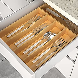 CALM COZY Kitchen Silverware Organizer, Bamboo Drawer Organizer with Adjustable Compartments Utensils Holder