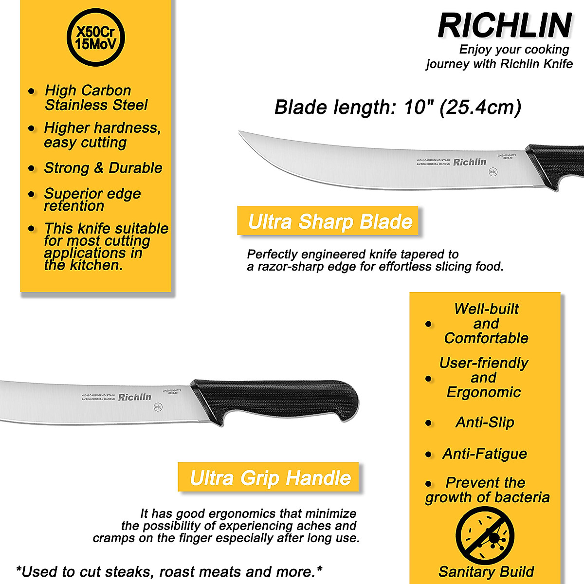 Richlin Butcher Knife,10-Inch Chef Knife Breaking Knife Steak Knife Cimiter Knives,Ultra Sharp Kitchen Knife Made of High Carbon Stainless Steel(Black)
