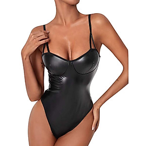 Sexy Latex Lingerie for Women Sexy Wet Look Leather Teddy Lingerie V Neck One Piece High Cut Leotard Bodysuit A Black