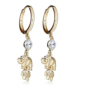 AVORA 14K Yellow Gold Dangling Simulated Diamond CZ Elephant Huggie Hoop Earrings