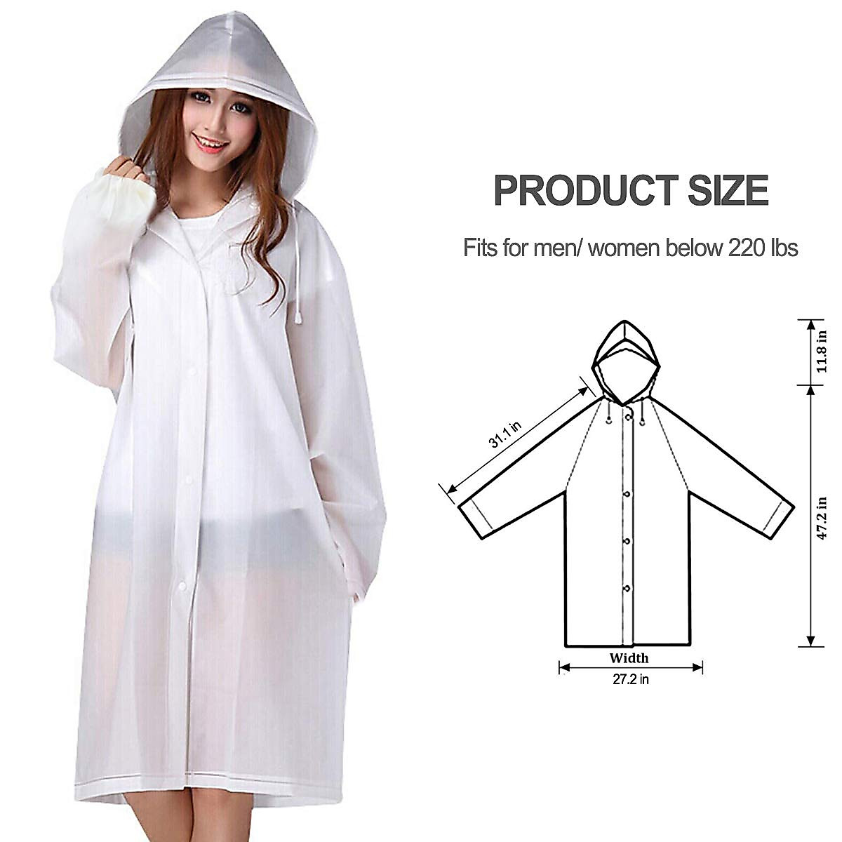 Exptolii Rain Poncho for Adults, 2 Pack EVA Reusable Raincoat Emergency Rain Gear Jacket with Hood (White)