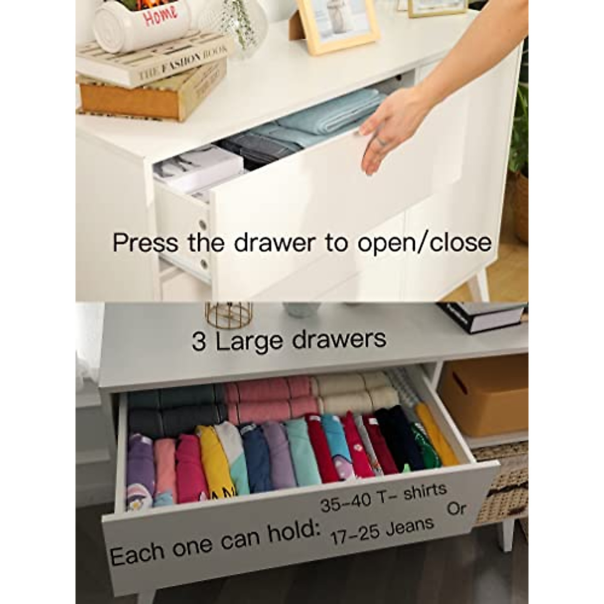 SEJOV White Dresser for Bedroom, 3-Drawer Chest Wood Dresser with Door, Wide Storage Space, Drawer Press Control Design, Large Storage Cabinet for Bedroom Living Room Hallway Entryway