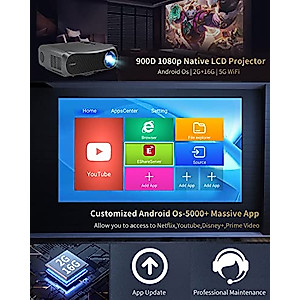 1080P Native 5G WiFi Projector with Bluetooth AI Android 4K Supported 10,000Lumen Ultra HD Smart Projectors Wireless Phone Cast Outdoor/Home Theater System 2G+16G