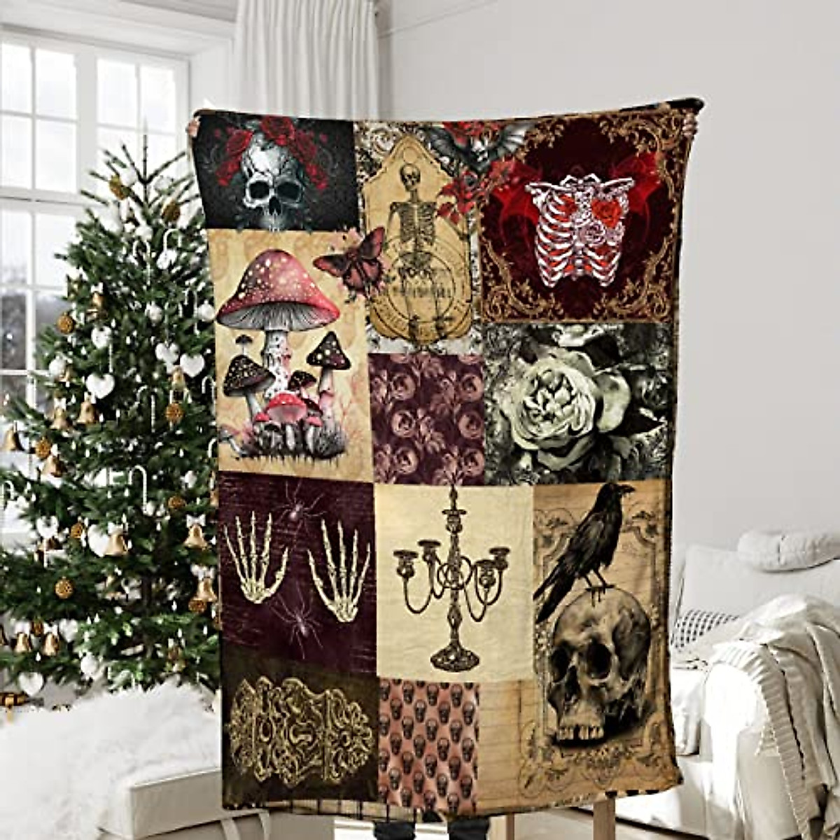 Retro Collage Gothic Blanket Gifts for Girls Boys, Anxiety Rose Skull Butterfly Skeleton Throw Blanket for Adults,Soft Lightweight Flannel Fleece Mushroom Blankets Bedding for Sofa Bed 80x60In