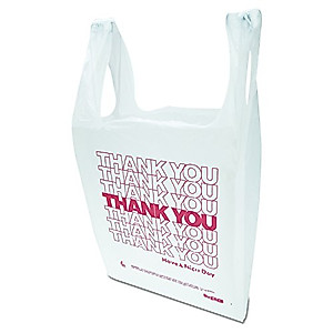 Inteplast Group THW1VAL "Thank You" Handled T-Shirt Bags, 11 1/2 x 21, Polyethylene, White (Case of 900), White/Red (IBSTHW1VAL)