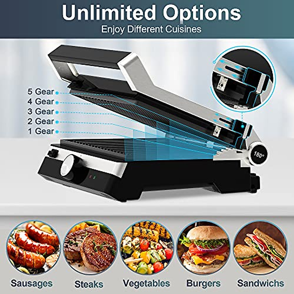 OMAIGA Panini Press, Sandwich Maker, 1500W 6-Serving Indoor Grill, Stainless Steel Top Surface, Detachable Non-stick Die-cast Aluminium Plates, Upright Storage, Opens 180 degrees