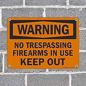 SmartSign - S-8638-AL-14 Warning - No Trespassing, Firearms in Use, Keep Out Sign by | 10" x 14" Aluminum Black on Orange