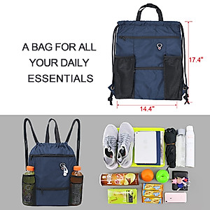 BeeGreen Navy Blue Drawstring Backpack Bag Cinch Sack Backpack with Zipper Pockets and Mesh Water Bottle Holders Beach Backpack Large 18" L x 15" W Gym Sprots Swim Bag