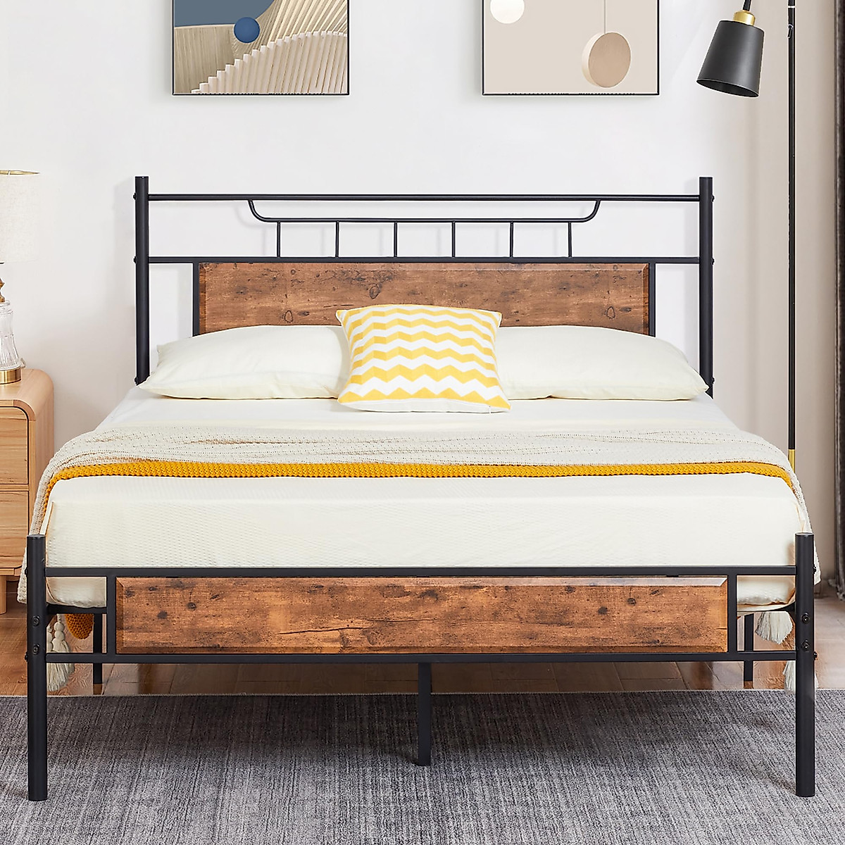 VECELO Queen Size Platform Bed Frame with Wood Headboard/Premium Steel Slats Support/No Box Spring Needed,Brown(Crown)