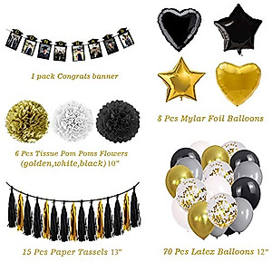2022 Graduation Party Decorate Supplies, Black Gold Banner Balloon Tassels for Adults Kids High School College Senior Congrats Photo Frame Yard Sign