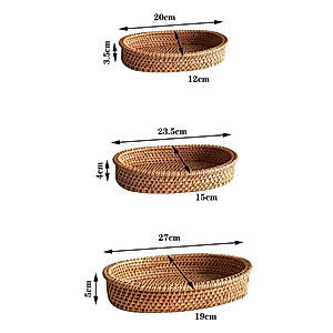 amololo 3 Pack Oval Woven Basket Trays, 11 Inch Rattan Storage Tray with 2 Inch Raised Sides, Catch All Dish, Decorative Wicker Serving Baskets Organizer Tray for Bread, Fruit, Food, Brown S, M, L