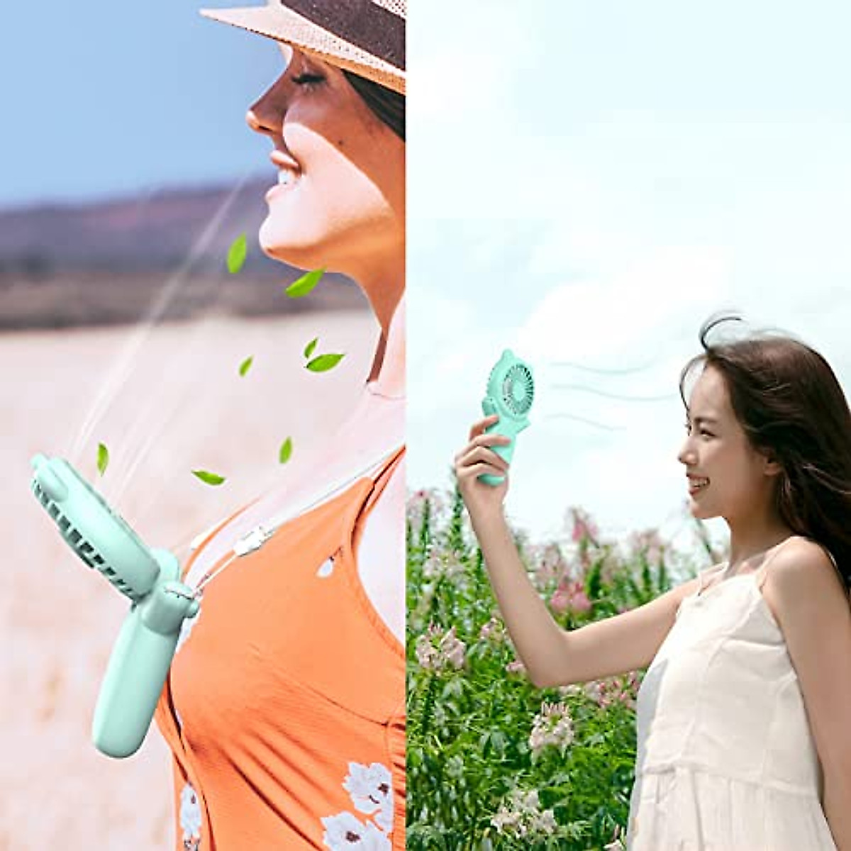 Yuewilai Portable Personal Neck Fan 3 in 1 Handheld/Wearable/Desk Mini Fans, Rechargeable Hanging Adjustable 3 Speed with Long-Lasting Battery for Travel Sports Home Traveling Office (White Cute)