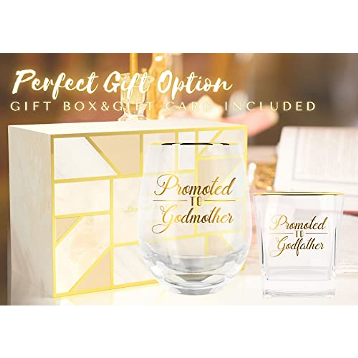 Onebttl Godparent Proposal Gift Set, 17oz Wine Glass & 8.5oz Whiskey Glass Set, Godmother and Godfather Gift, Ideal for Godparent Birthday, Proposal, Baptism