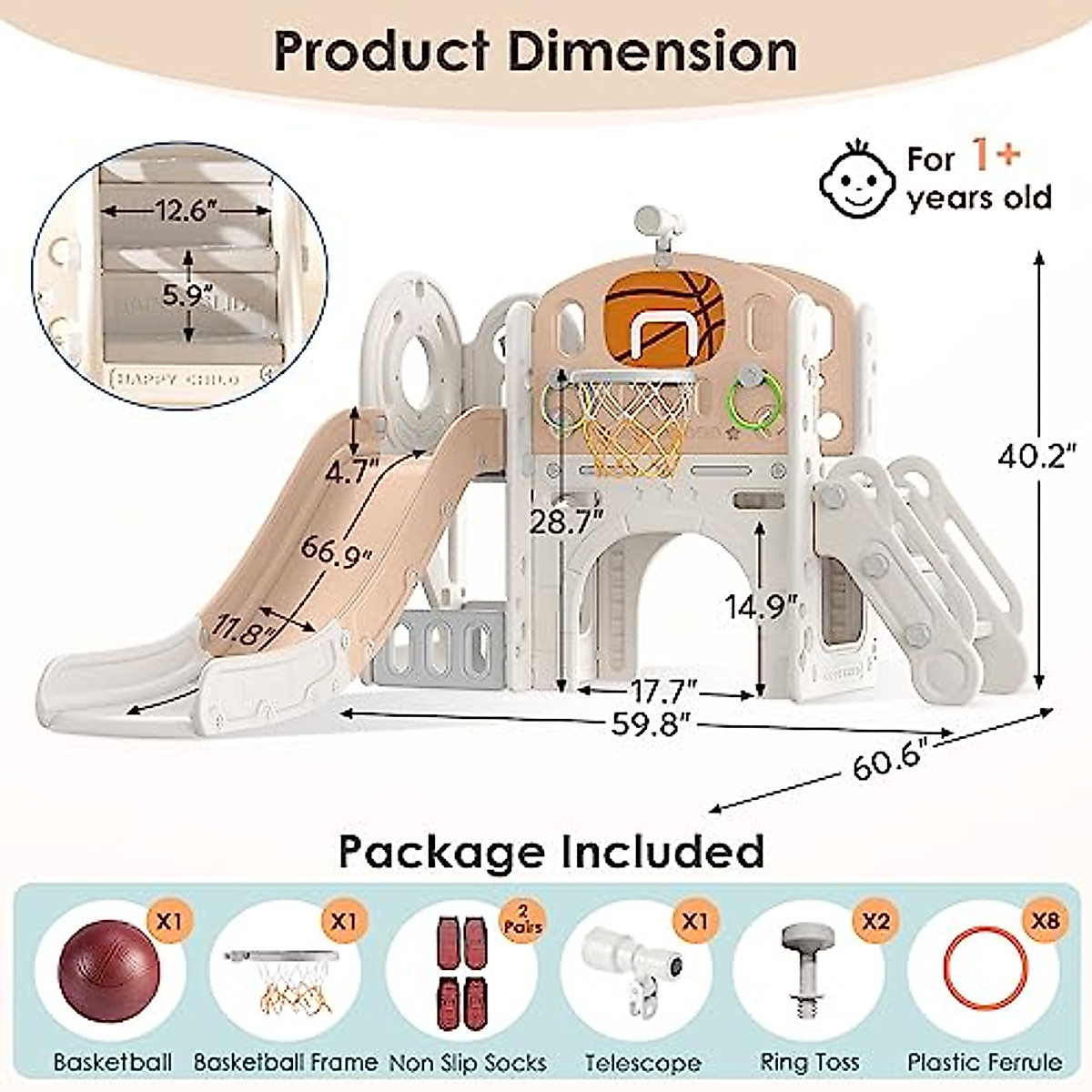 BIERUM 9 in 1 Toddler Slide, Kid Slide for Toddlers Age 1-3 with Ring Toss, Basketball Hoop, and Telescope, Indoor Outdoor Slide Toddler Playset Toddler Playground