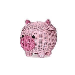 G6 COLLECTION Pig Rattan Storage Basket with Lid Decorative Bin Home Decor Hand Woven Shelf Organizer Cute Handmade Handcrafted Nursery Gift Animal Decoration Artwork Wicker Pink Piggy (Large)