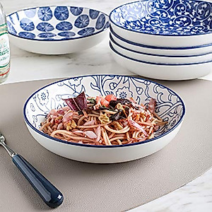 Selamica Porcelain Salad Pasta Bowls, Serving bowls, Microwave & Dishwasher Safe, Sturdy & Stackable - 26 Ounce, Set of 6, Vintage Blue