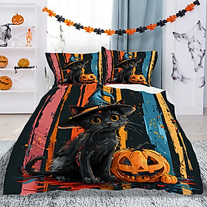 DiuuDi Halloween Black Cat Duvet Cover King Size 3D Printed Duvet Cover Set Halloween Color Pumpkin Festival Gift Bedding Set Home Decoration Comforter Cover Cozy Quilt Cover with 2 Pillowcases