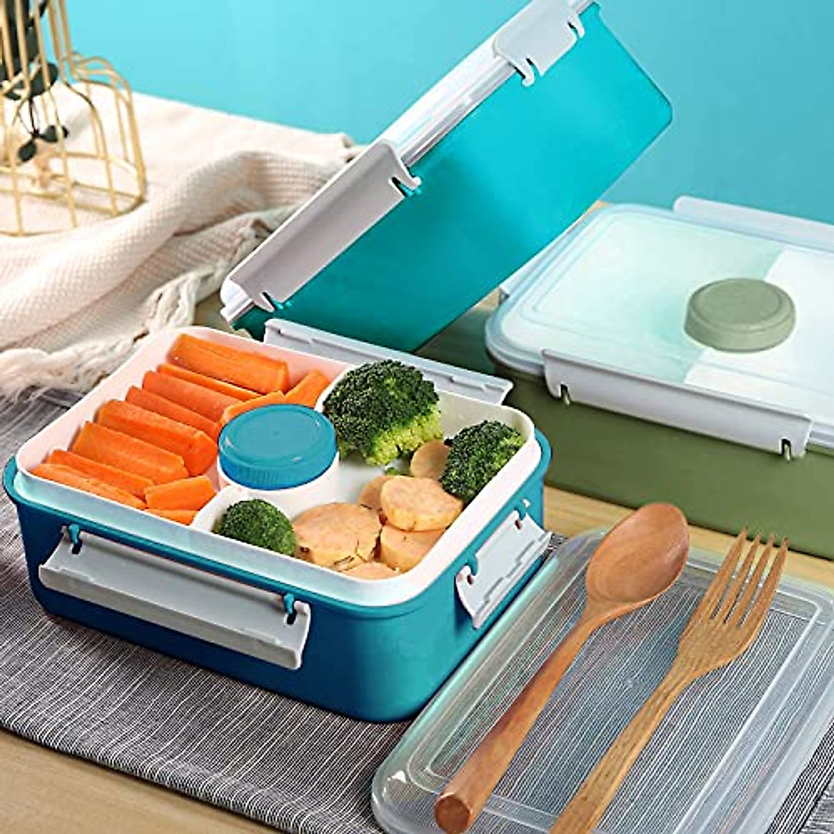 shopwithgreen 3 Pack Salad Food Storage Container To Go, 47 oz Bento Box with Removable Tray & Dressing Pots, for Lunch Salad Snacks Fruit, Food Prep Storage Containers with Lids