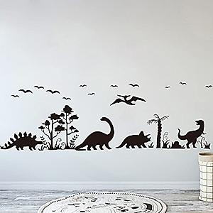 Large Size (51"X 16.5") Wall Decal Sticker Dinosaur Animal Forest Tree Bird Home Decor Bedroom Living Room Jurassic Park Dino Decals Nursery Wall Art Poster WS94 (Black)
