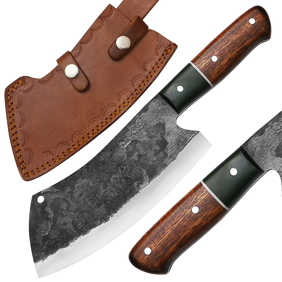 TheMohrim Full Tang Butcher Knife: Premium Meat Cutting Chopper - The Ultimate Chef's Choice for Dicing & Mincing (Rose Wood Micarte Handle)