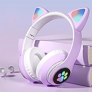 YQ77 Wireless Kids Headphones, Cute Cat Ear LED Light Up Foldable Over-Ear Bluetooth Headphones with Microphone for iPad/Smartphones/PC/Kindle/Tablet/Laptop, Best Gifts for Kids Teens Adults (Purple)