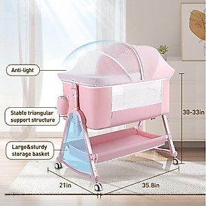 Uuoeebb 4 in 1 Bedside Bassinet for Baby, Portable Baby Bassinet with Wheels, Baby Crib with Changing Station, Mattress Included and Storage, Foldable Travel Bassinet for Baby/Infant/Newborn-Pink