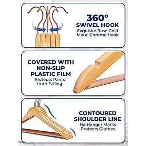 Smartor Wooden Hangers 10 Pack, Durable Coat Hanger Wood Hangers with Bar, Premium Suit Hangers for Men Women - Heavy Duty Hangers Pants Hanger Set with 360° Rose Gold Rotatable Hook, Natural