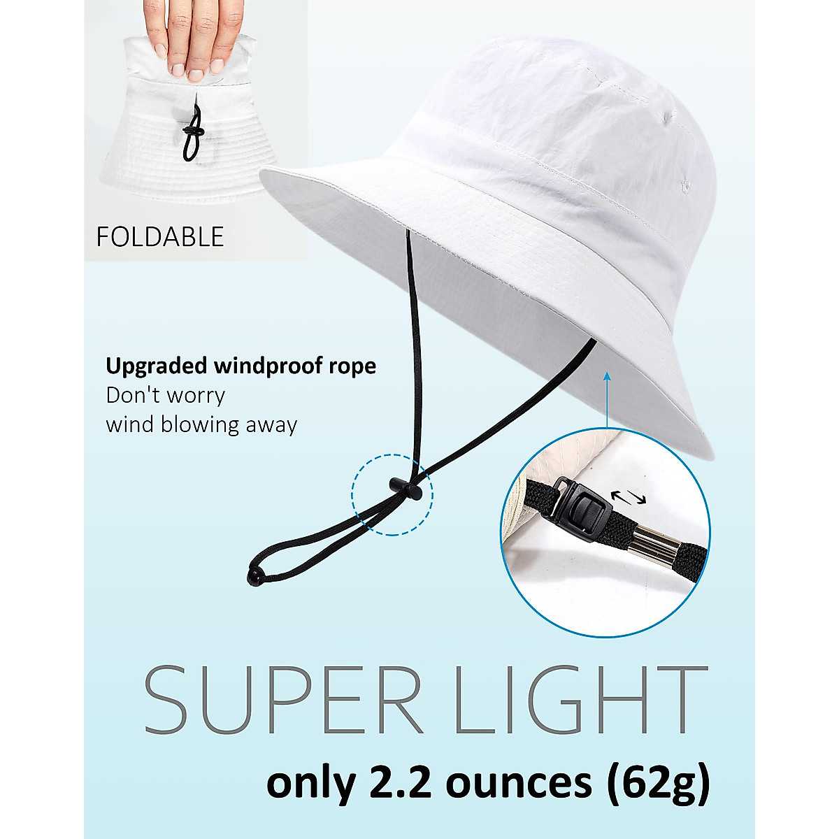 Waterproof Bucket Hat for Women Men Rain Hat UPF 50+ Wide Brim Boonie Sun Hat Foldable Summer Floppy Beach Fishing Safari Hat White