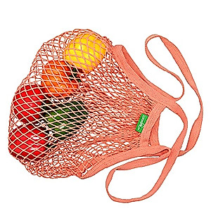 [4 Pack] Premium Mesh Grocery Bags, Reusable Produce Bags, Long Handle Net Tote Bags, 100% Cotton String Bags, Fruit and Vegetable Bags, 4 colors (Portable/Washable/Durable)