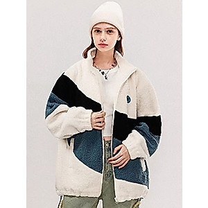 Aelfric Eden Mens Color Patchwork Oversized Sweater Sherpa Jackets Faux Shearling Shaggy Full-Zip Jackets Warm Fuzzy Coats