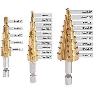 Yi-zhong 3 Pcs (Metric 3-12 mm 4-12 mm 4-20 mm) Step Drill Bit Set Titanium Coated, Hex Shank Quick Change HSS Cone Drill Bit For Multiple Hole Step Bits Metal, Plastic Wood DIY Woodworking,