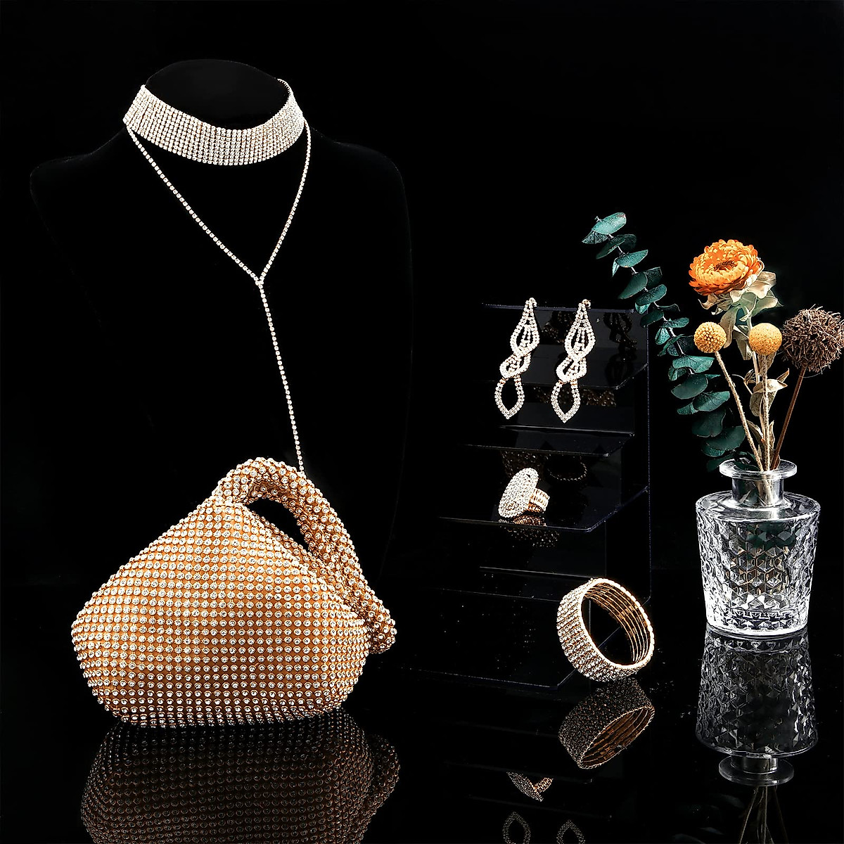 Women Rhinestone Jewelry Set Crystal Choker and Earring Set Bridal Wedding Bling Necklace Multilayer Bracelet Earring Bling Glitter Purse Ring Costume Jewelry (Gold Color)