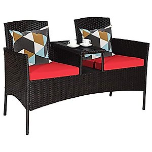 Tangkula Outdoor Rattan Loveseat, Patio Conversation Set with Cushions & Table, Modern Patio Furniture Set Wicker Sofa Set with Built-in Coffee Table, Rattan Sofas for Garden Lawn Backyard