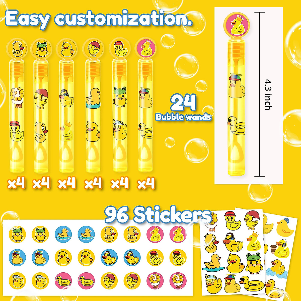 24PCS Duck DIY Bubble Wands Party Favors 96PCS Stickers for Goodie Bag Fillers Pinata Stuffers, Mini Bubble Bulk Birthday Party Supplies Toys Gifts Class Prizes for Toddlers Boys Girls